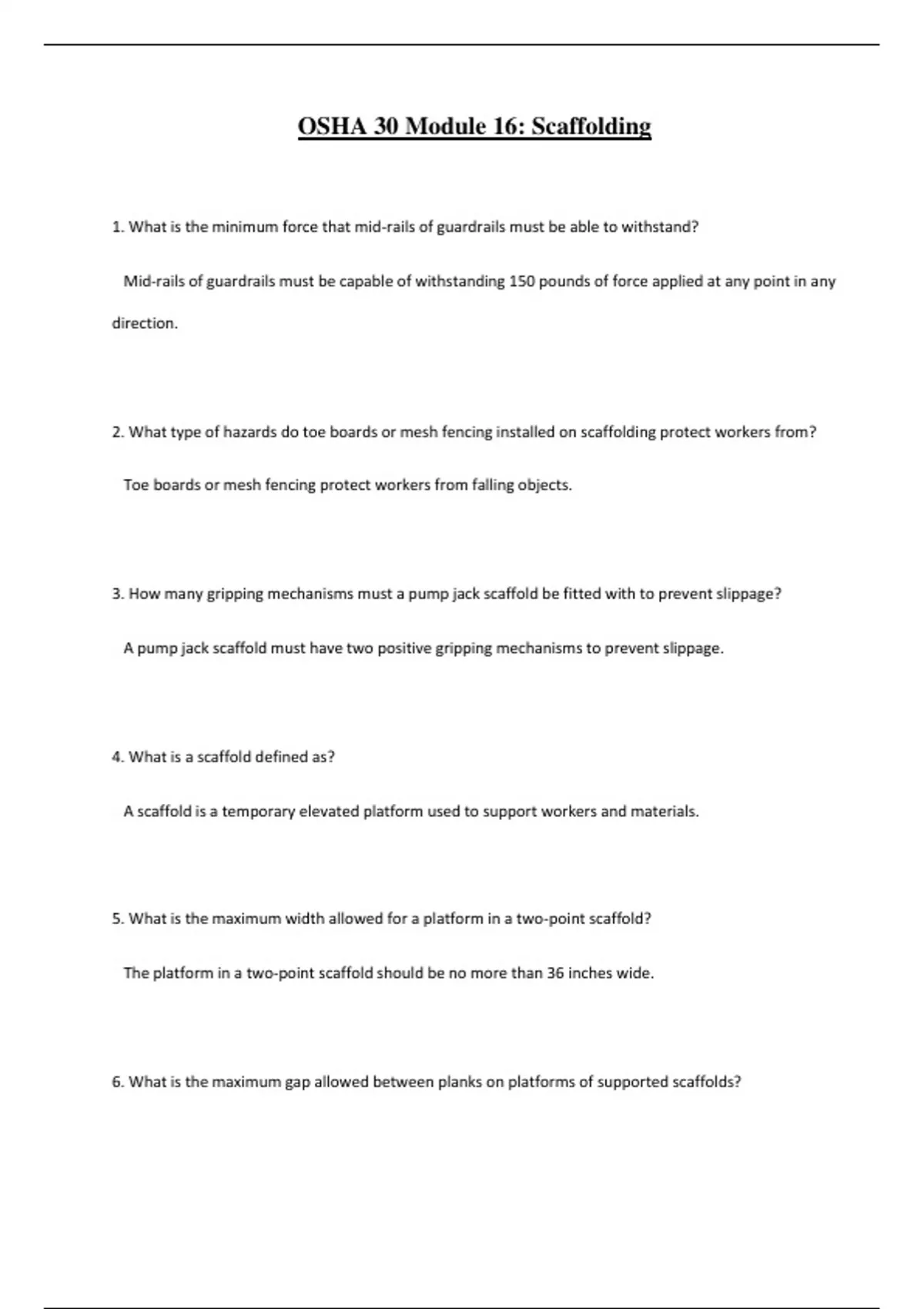 OSHA 30 Module 16: Scaffolding - OSHA 30 Module 16: Scaffolding - Stuvia UK