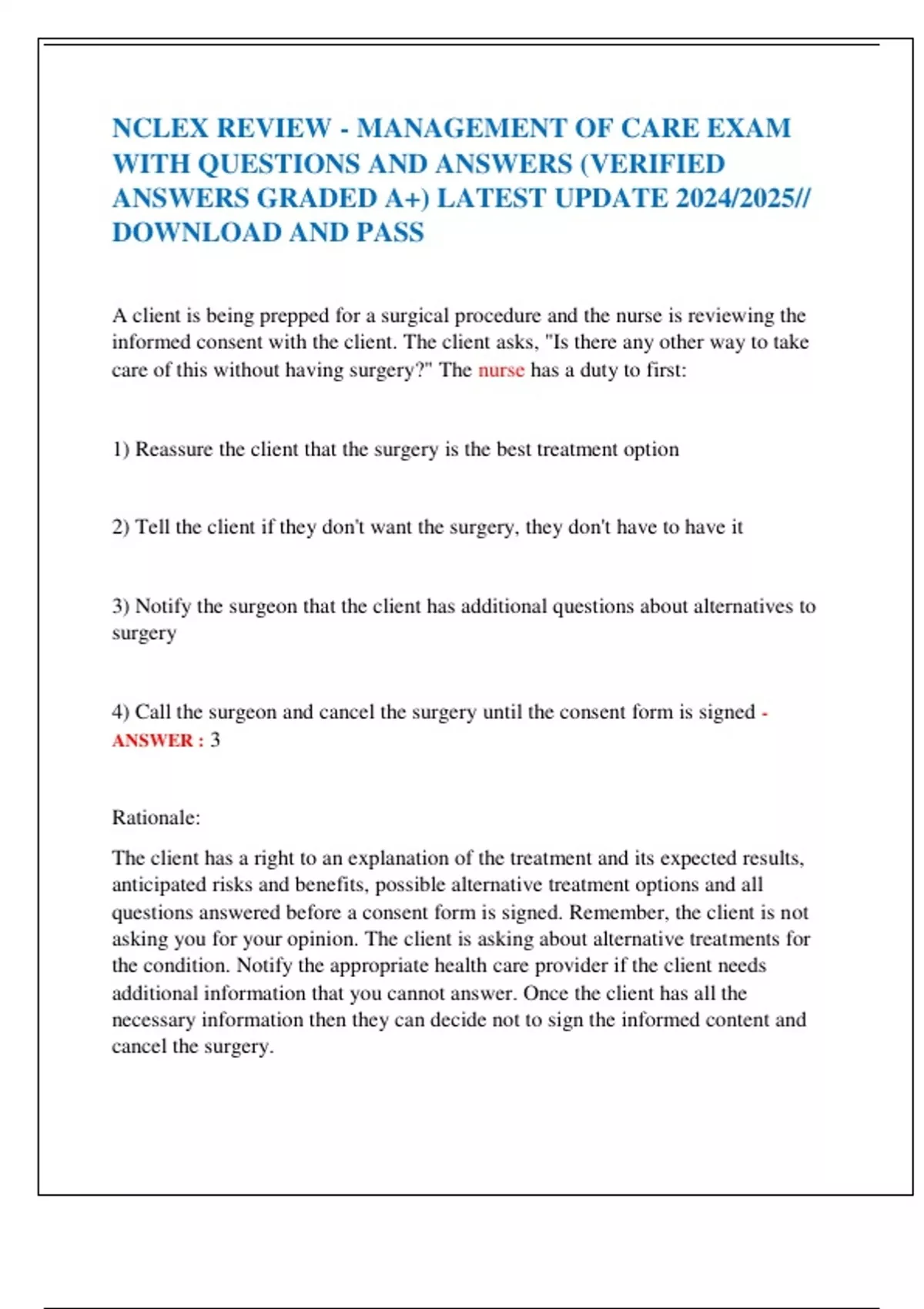 NCLEX REVIEW - MANAGEMENT OF CARE EXAM WITH QUESTIONS AND ANSWERS ...