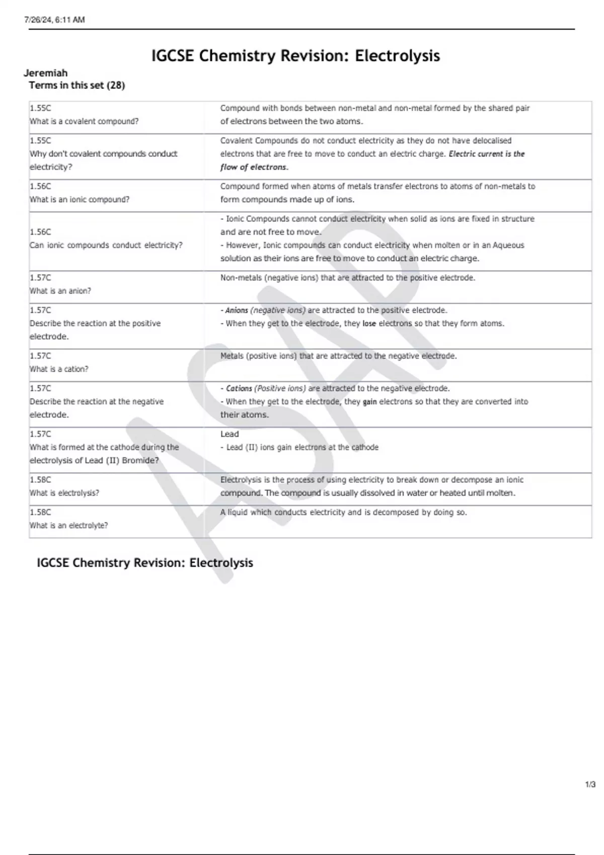 IGCSE Chemistry Revision_ Electrolysis Flashcards _ (DETAILED 100- SURE ...