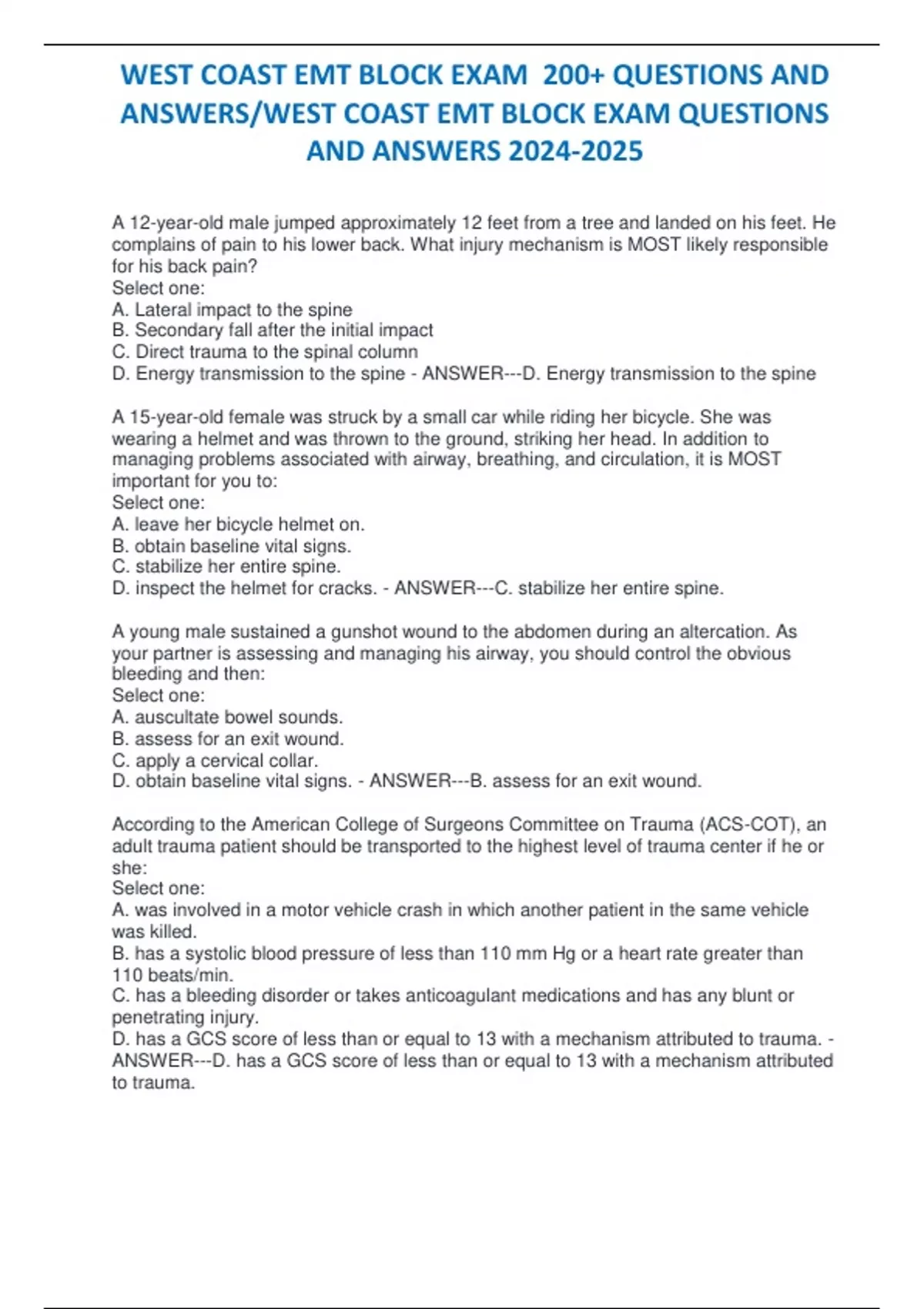 WEST COAST EMT BLOCK EXAM 200+ QUESTIONS AND ANSWERS/WEST COAST EMT ...