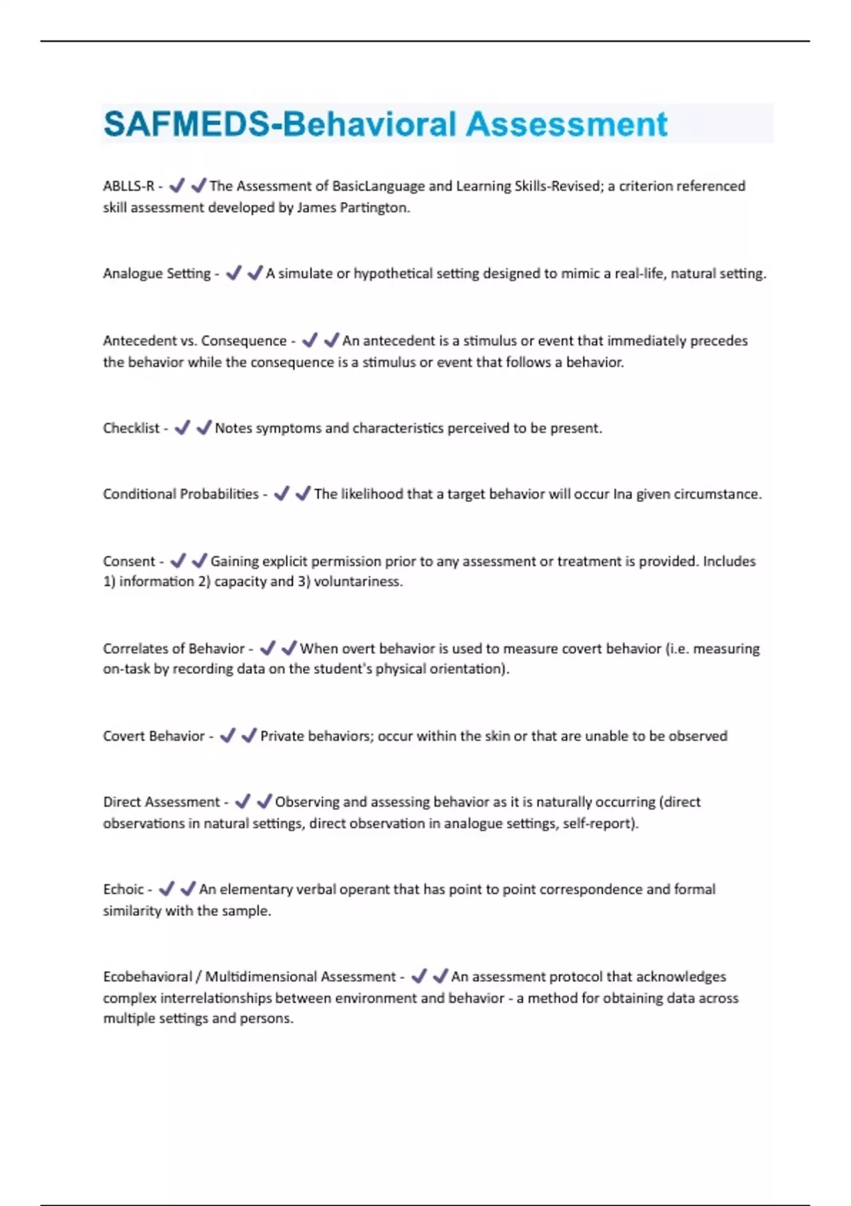 SAFMEDS-Behavioral Assessment 2024/2025 Questions and Answers with ...