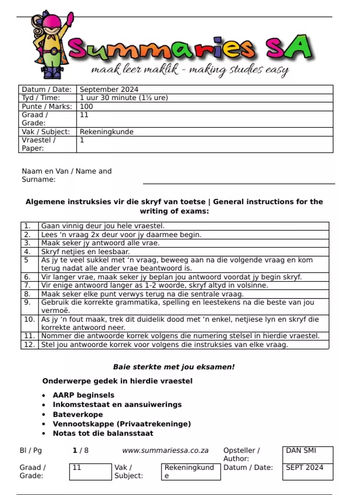 Graad 11 Rekeningkunde (REK) September Vraestel en Memo - 2024 ...