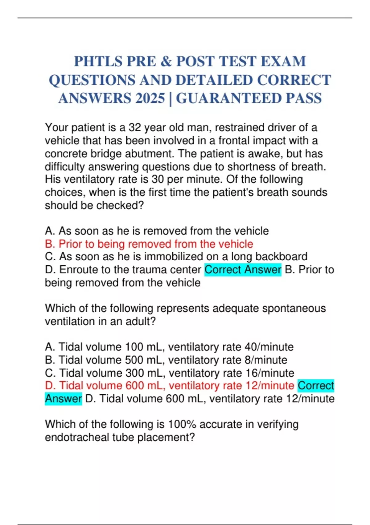 PHTLS PRE & POST TEST EXAM QUESTIONS AND DETAILED CORRECT ANSWERS 2025 ...