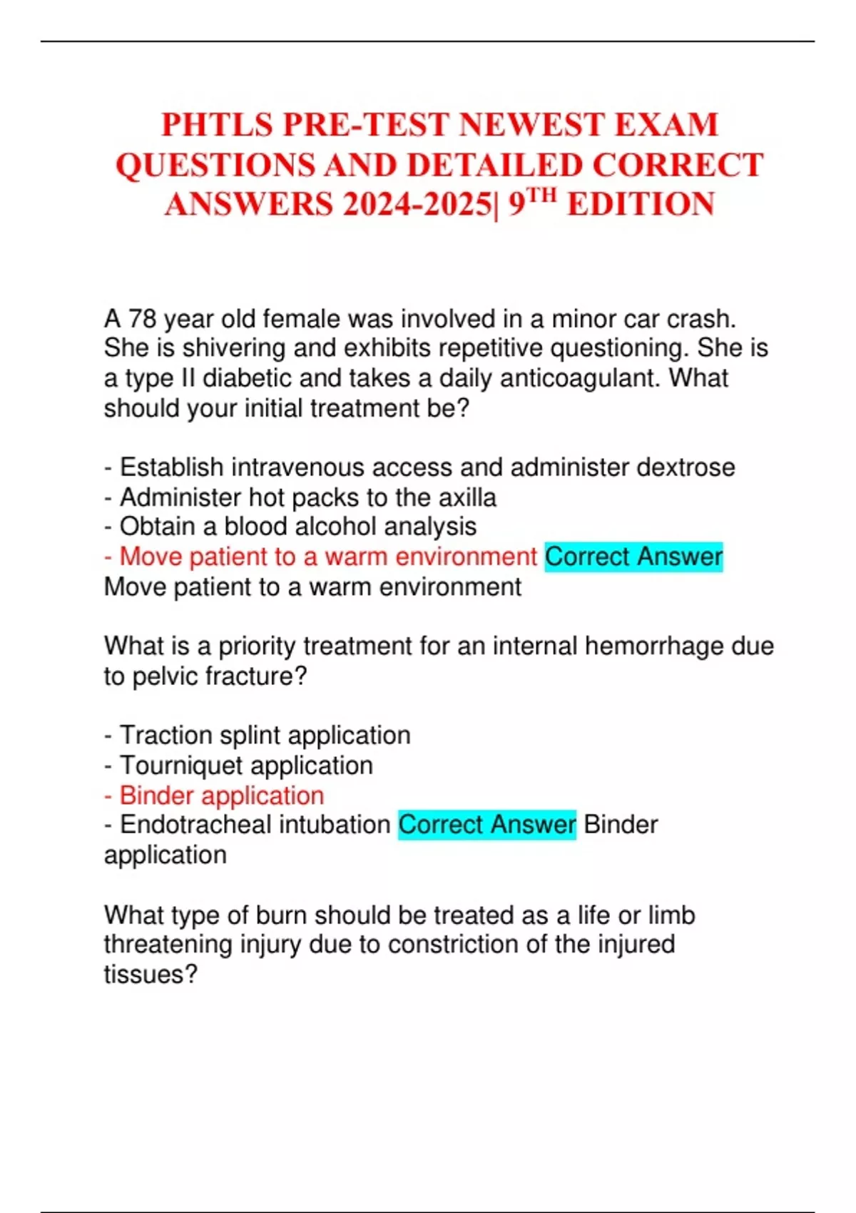 PHTLS PRE-TEST NEWEST EXAM QUESTIONS AND DETAILED CORRECT ANSWERS | 9TH ...