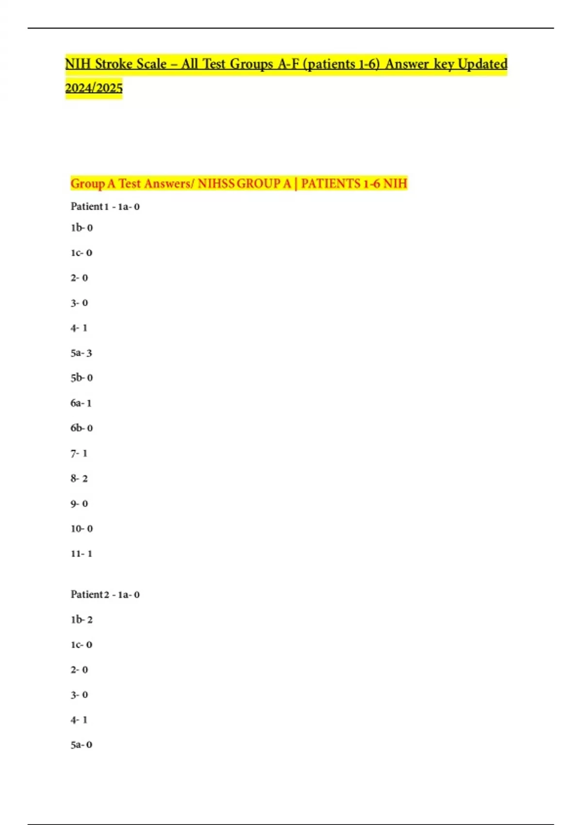 NIH Stroke Scale – All Test Groups A-F (patients 1-6) 2024/2025 Answer ...
