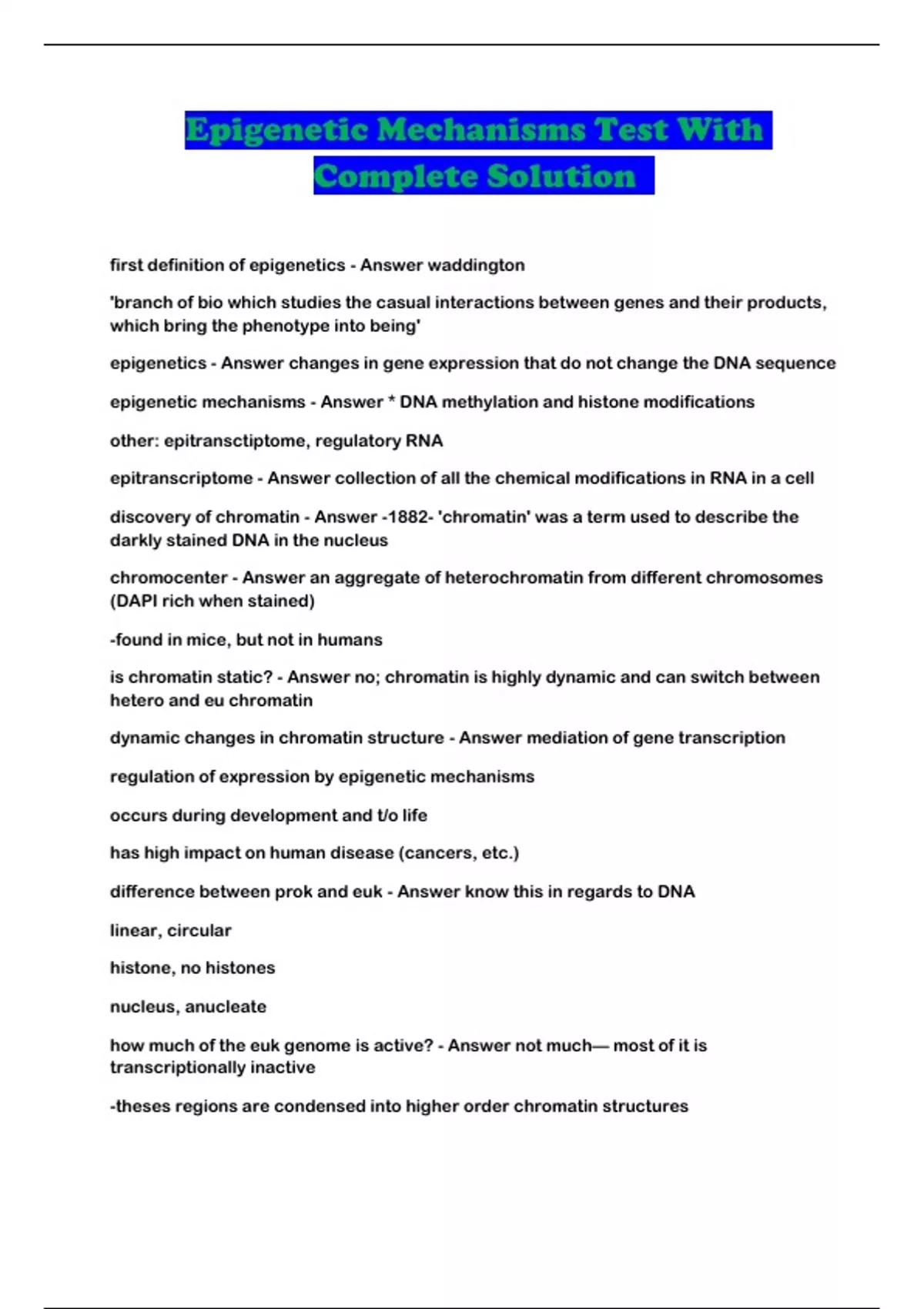 Epigenetic Mechanisms Test With Complete Solution - Epigenetic ...