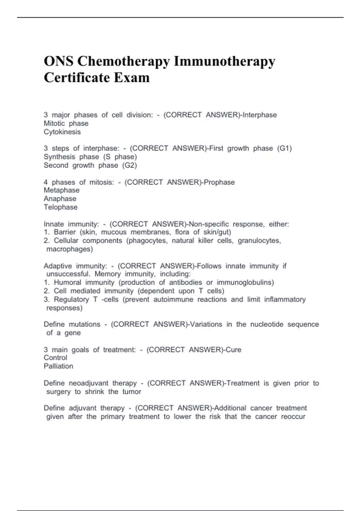 ONS Chemotherapy Immunotherapy Certificate Exam. - ONS/ONCC - Stuvia US