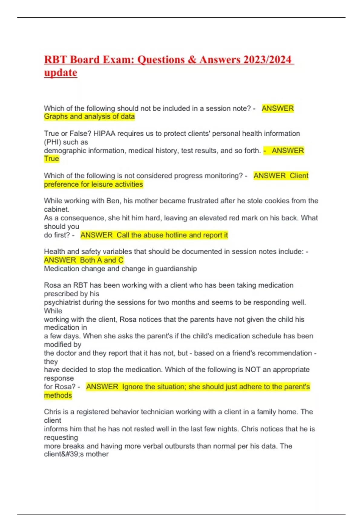 RBT Board Exam: Questions & Answers 2023/2024 update - RBT - Stuvia US