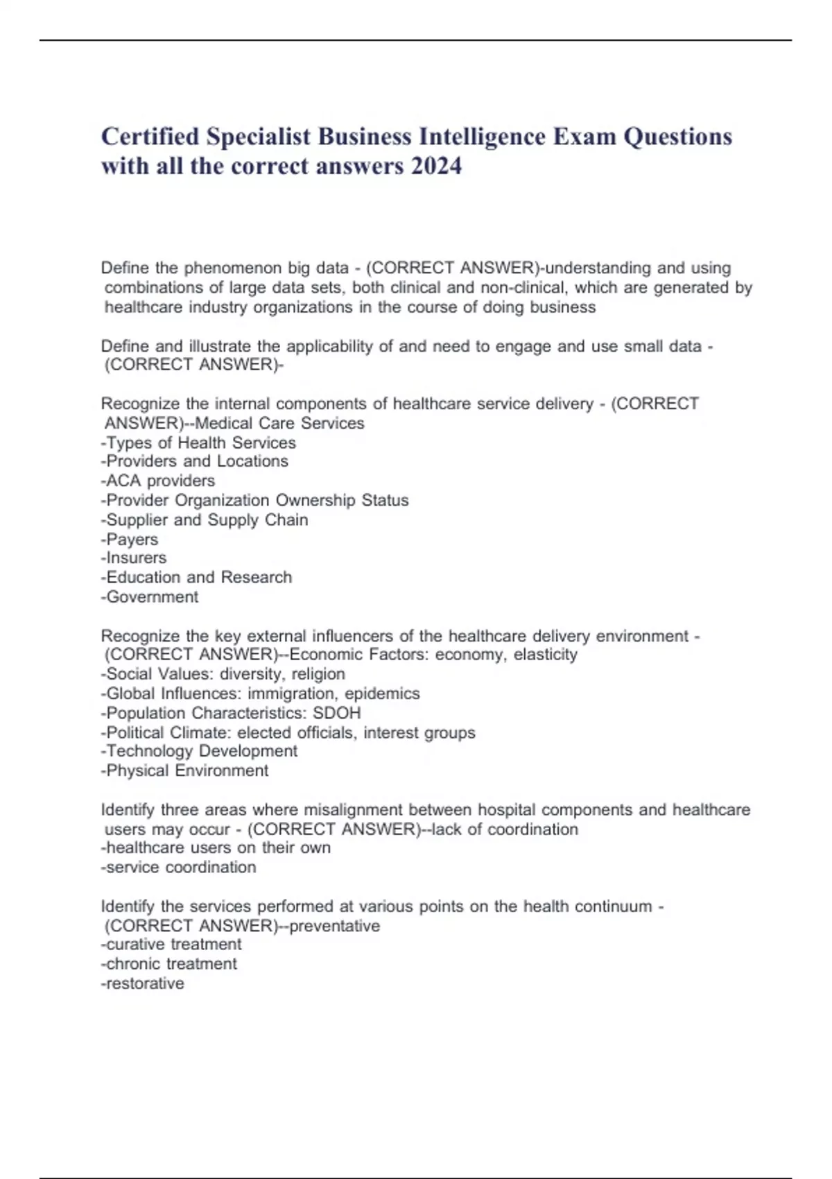 Certified Specialist Business Intelligence Exam Questions with all the ...