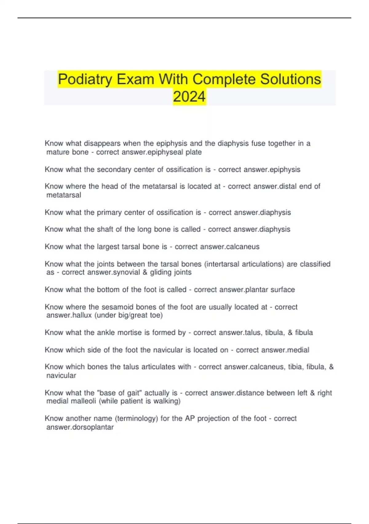 Podiatry Exam With Complete Solutions 2024 - Podiatry - Stuvia US