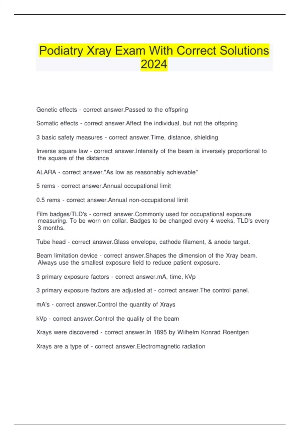 Podiatry Xray Exam With Correct Solutions 2024 - Podiatry Xray - Stuvia US