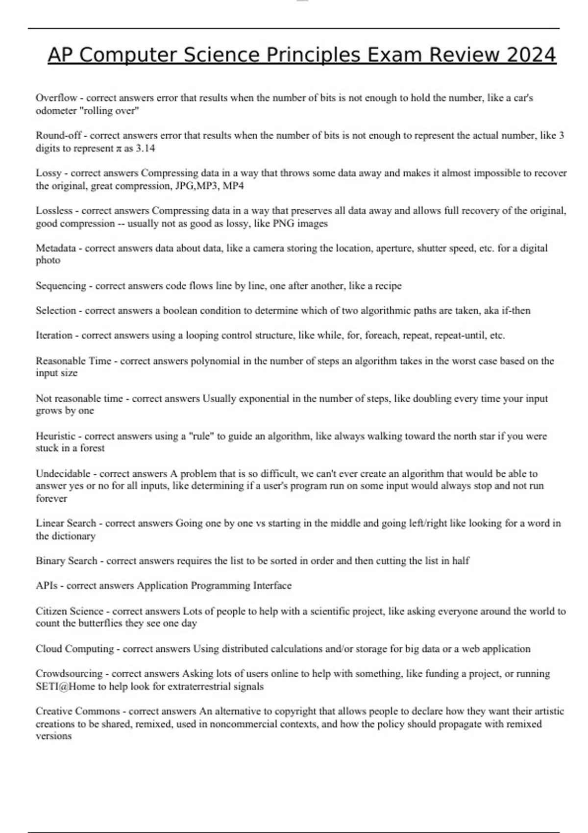 AP Computer Science Principles Exam Review 2024 With Complete Solutions ...