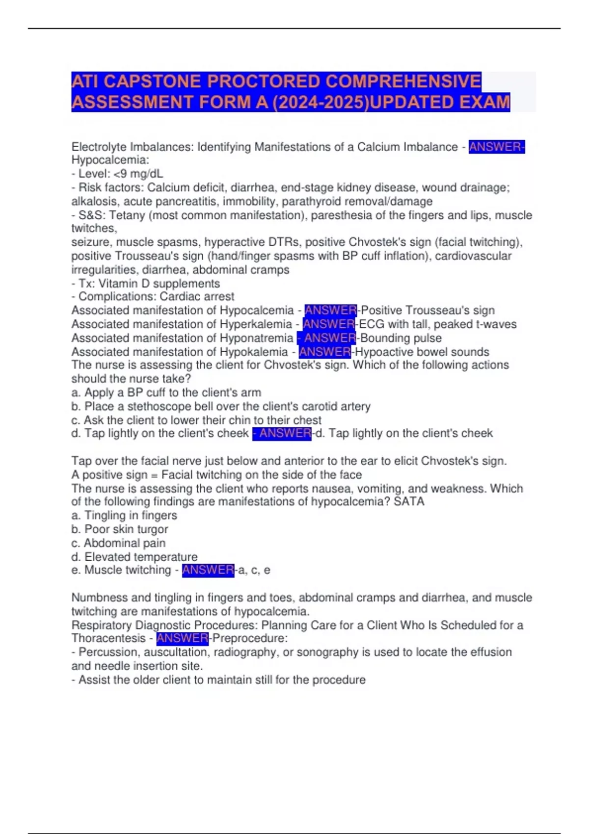 ATI CAPSTONE PROCTORED COMPREHENSIVE ASSESSMENT FORM A ()UPDATED EXAM ...