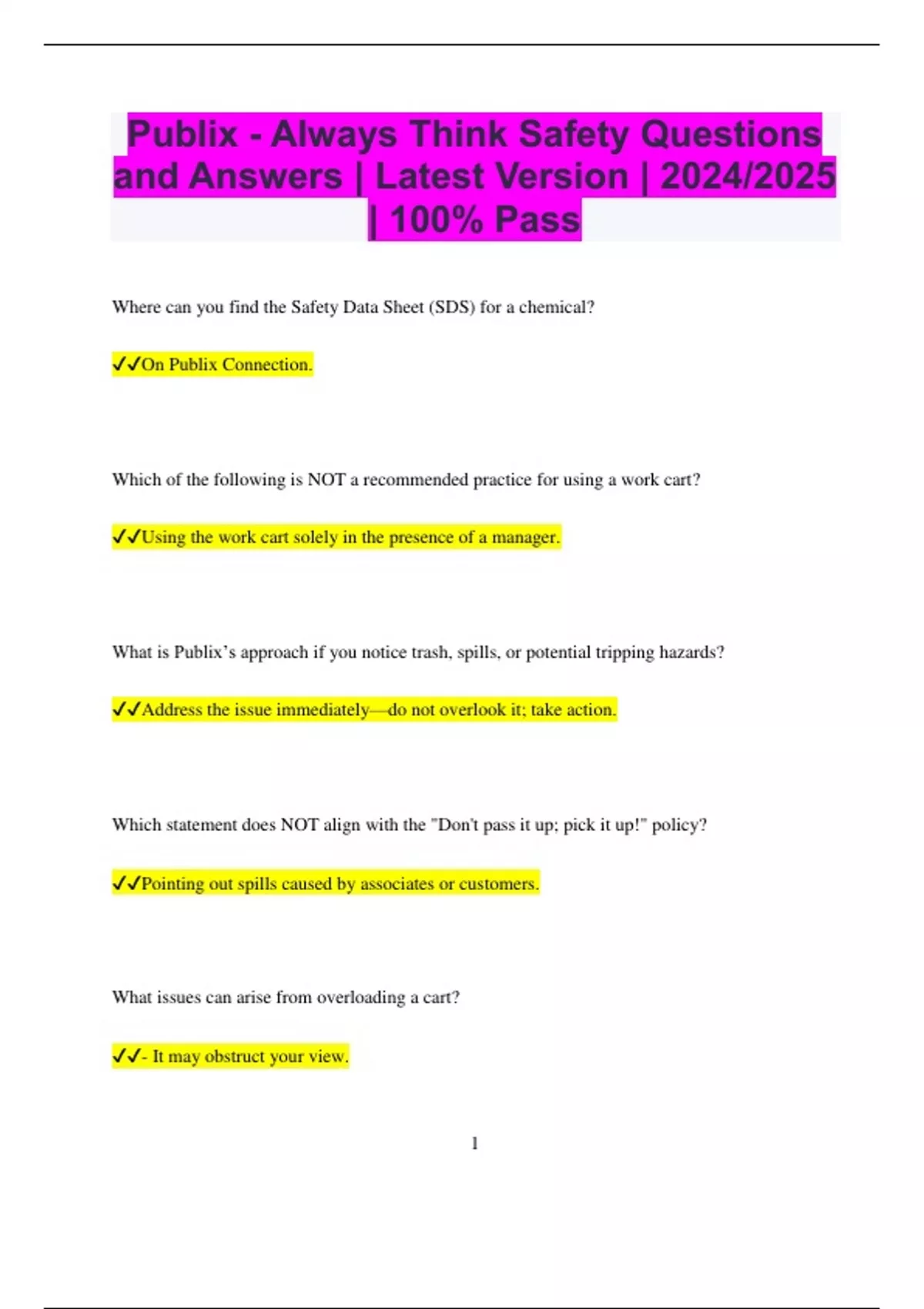 Publix - Always Think Safety Questions and Answers | Latest Version ...