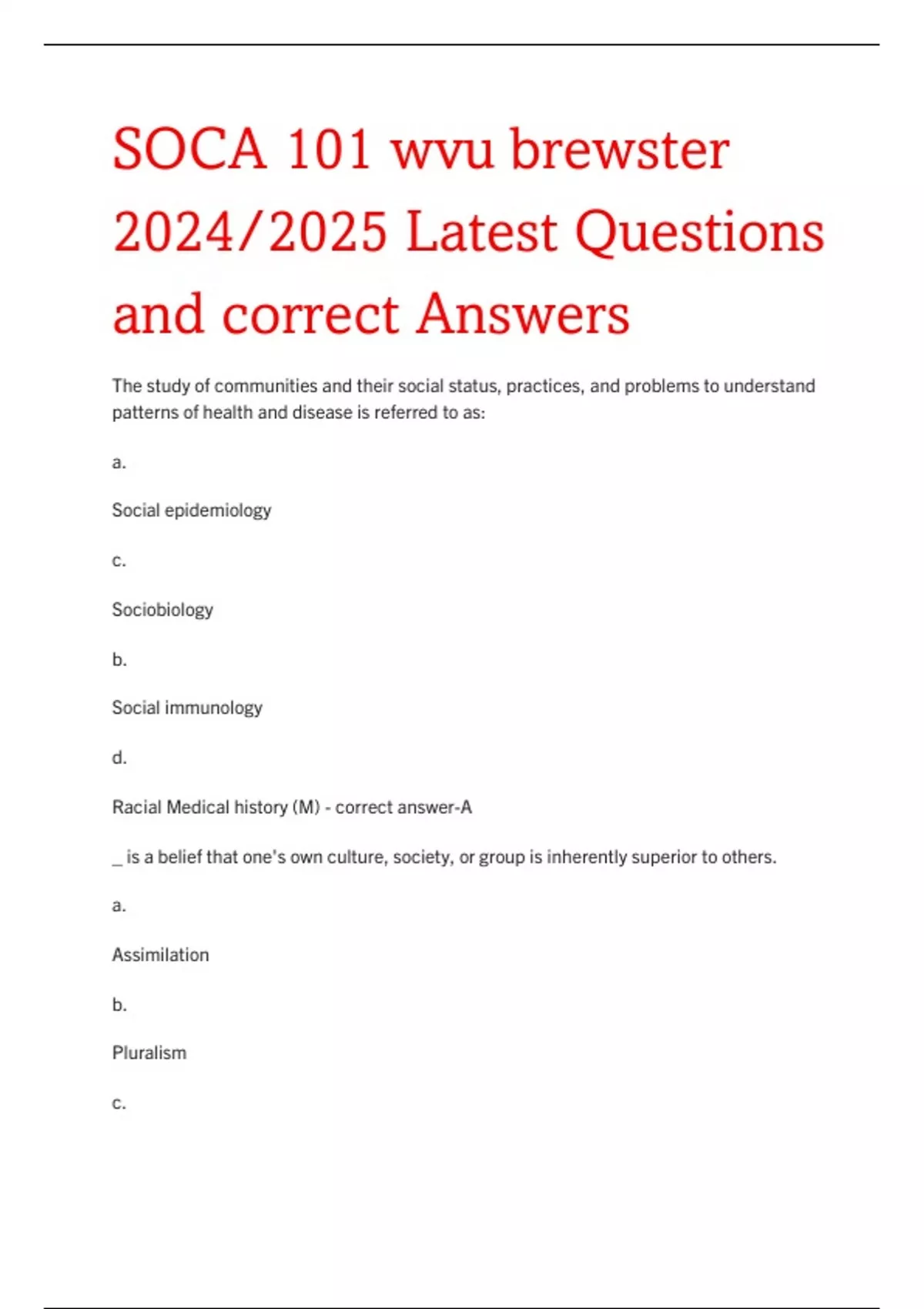 SOCA 101 wvu brewster 2024/2025 Latest Questions and correct Answers ...