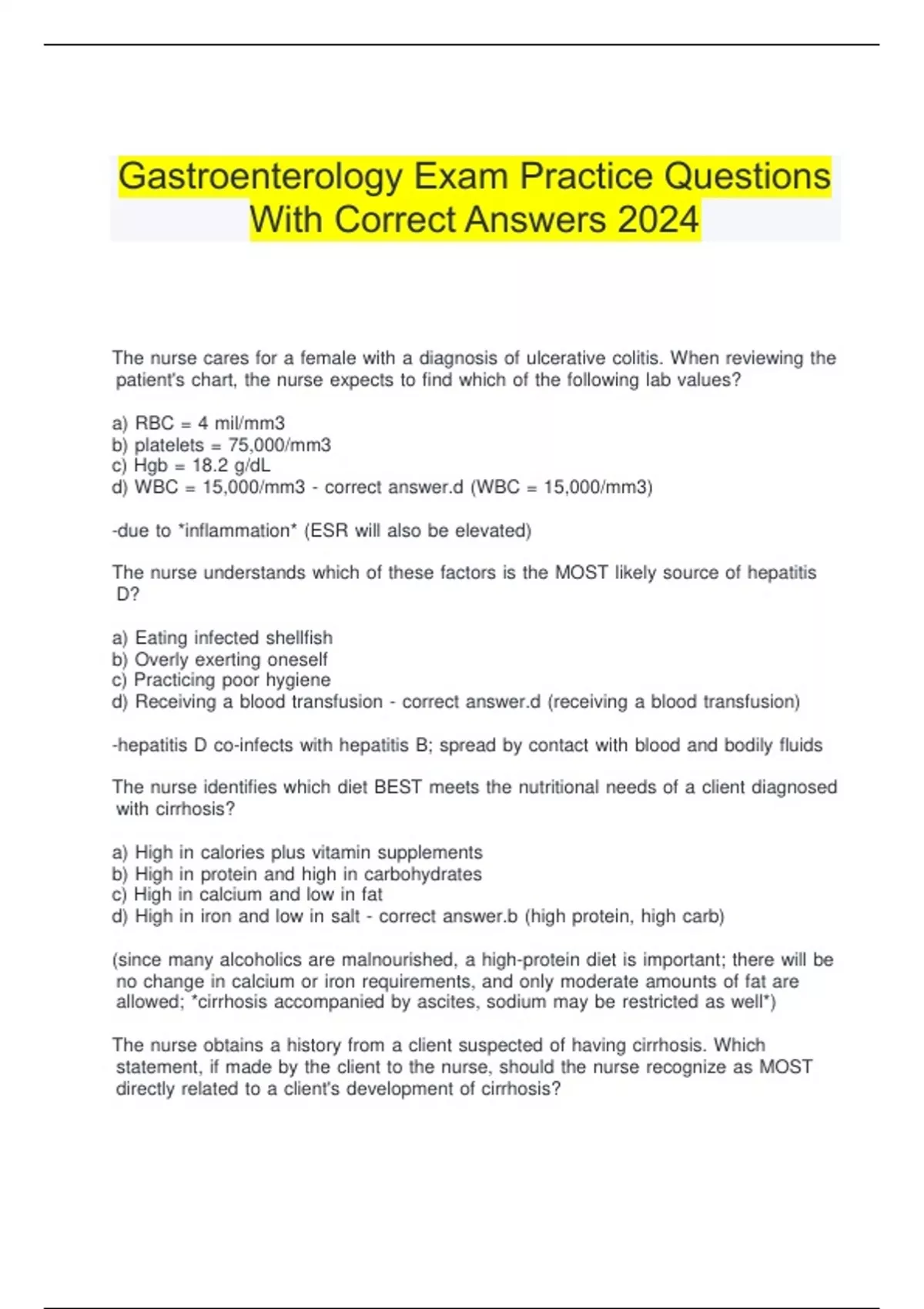 Gastroenterology Exam Practice Questions With Correct Answers 2024 ...