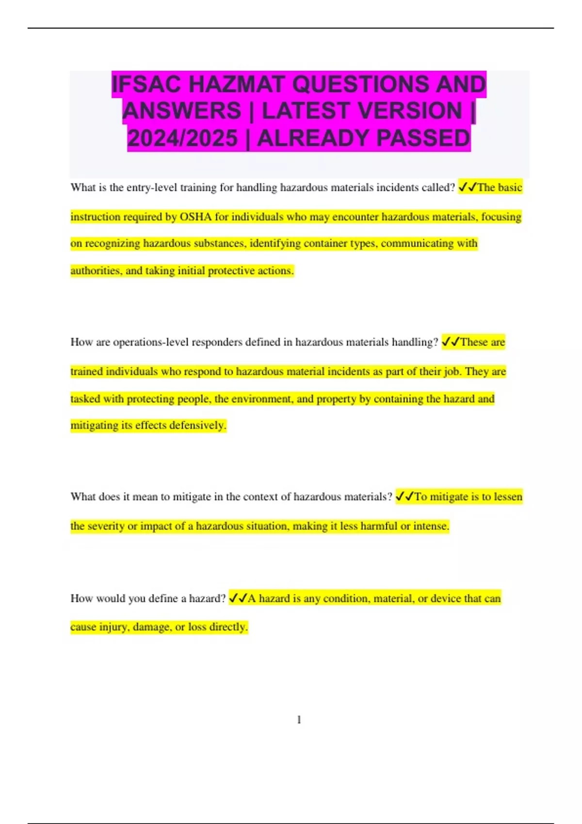 IFSAC HAZMAT QUESTIONS AND ANSWERS | LATEST VERSION | 2024/2025 ...