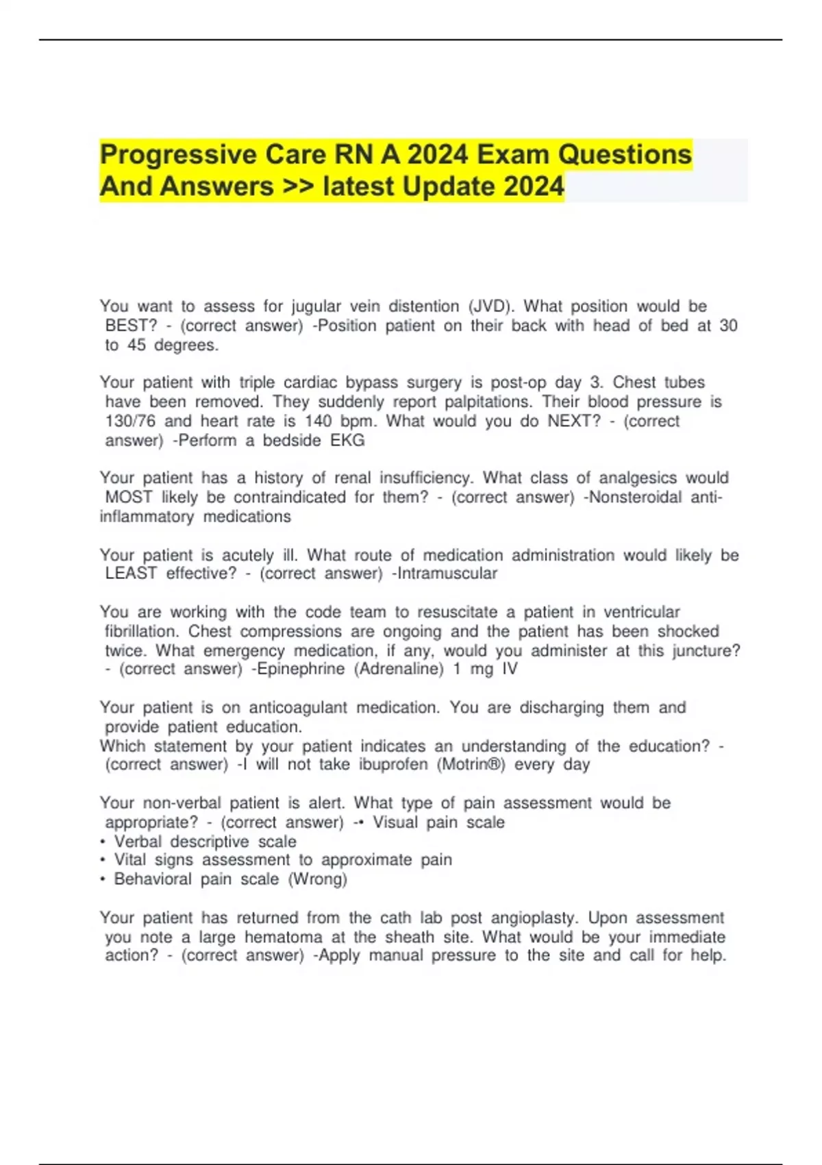 Progressive Care RN A 2024 Exam Questions And Answers latest Update ...