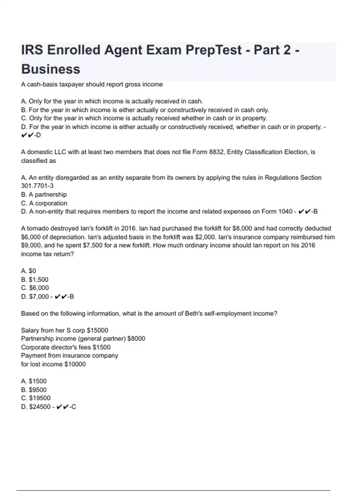 IRS Enrolled Agent Exam PrepTest - Part 2 - Business questions with ...