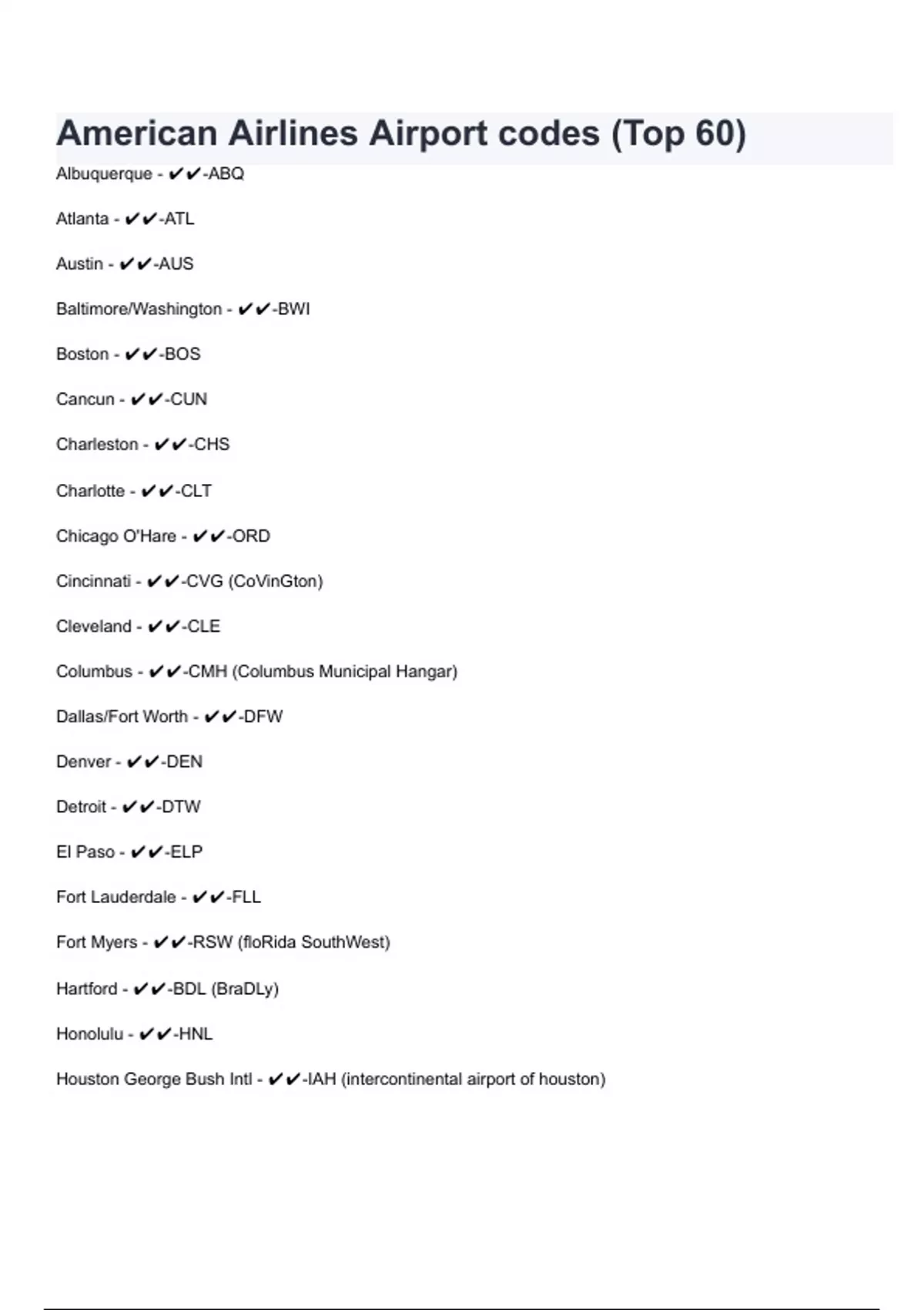American Airlines Airport codes (Top 60) questions with correct answers ...