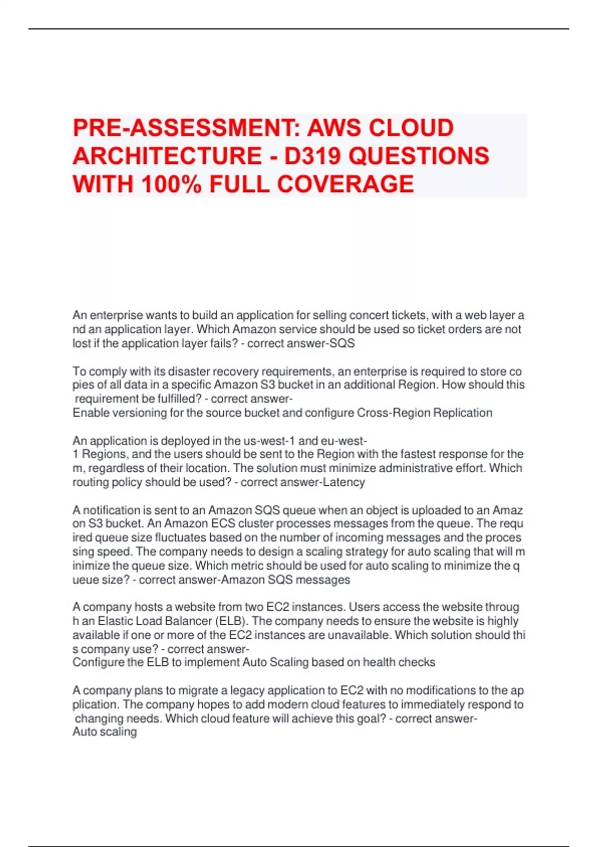 PRE-ASSESSMENT: AWS CLOUD ARCHITECTURE - D319 QUESTIONS WITH 100% FULL COVERAGE - PRE-ASSESSMENT ...
