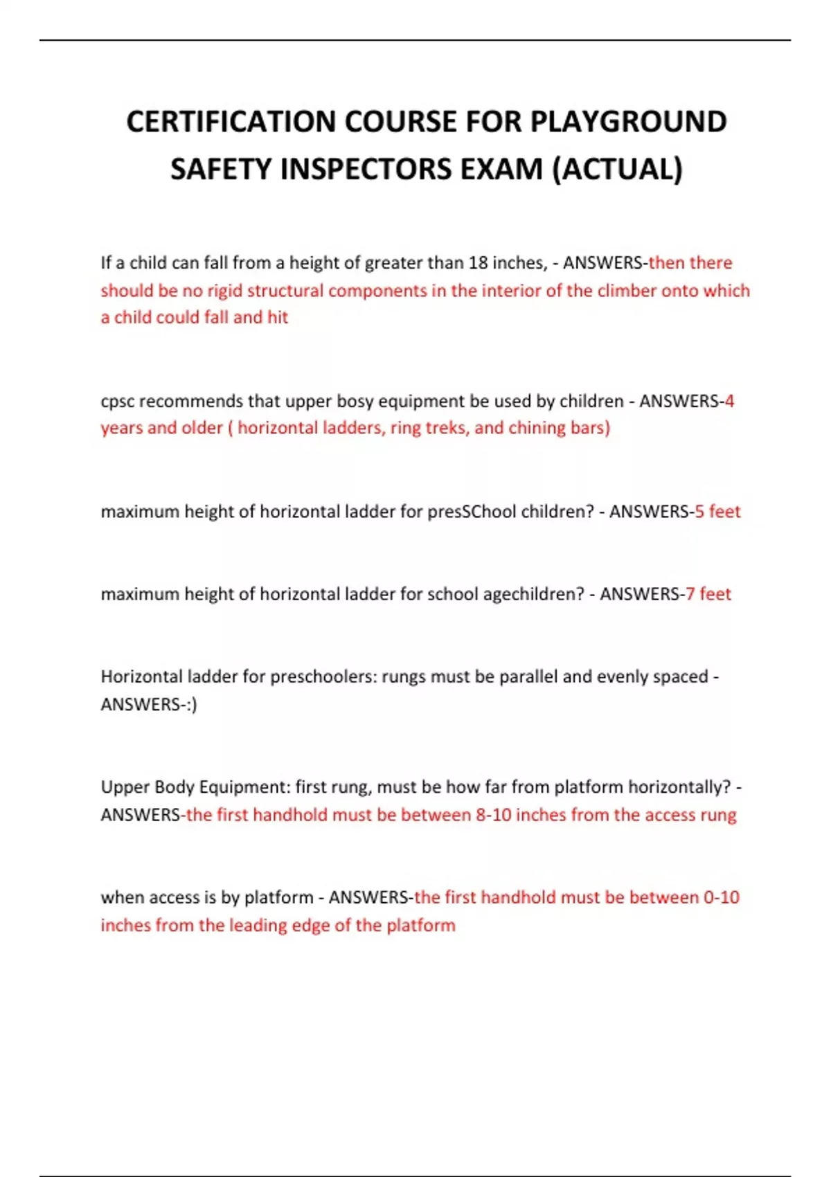 CERTIFICATION COURSE FOR PLAYGROUND SAFETY INSPECTORS (CPSI)EXAM ...