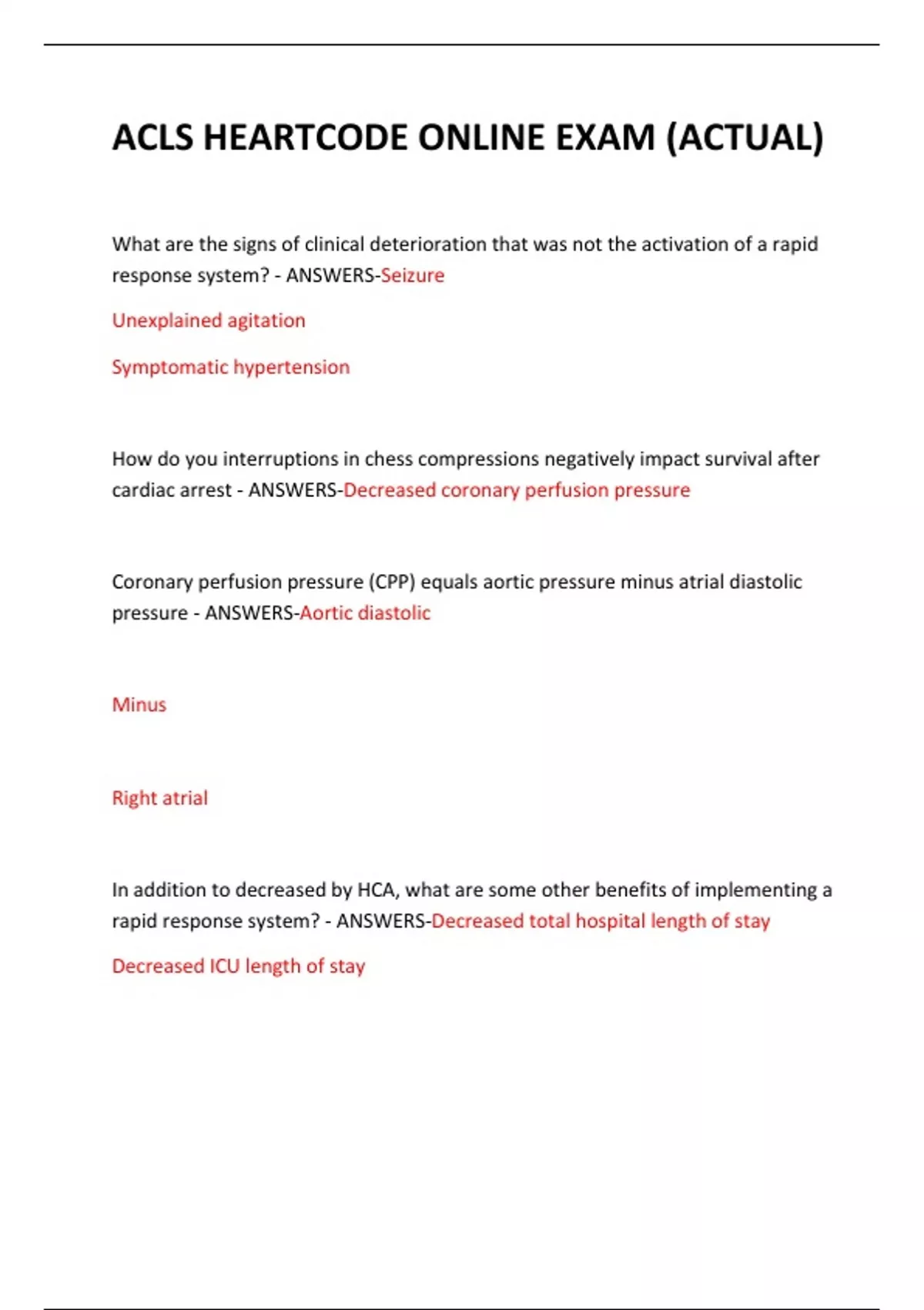 ACLS HEARTCODE ONLINE EXAM (ACTUAL) 2024 QUESTIONS AND ANSWERS - ACLS ...