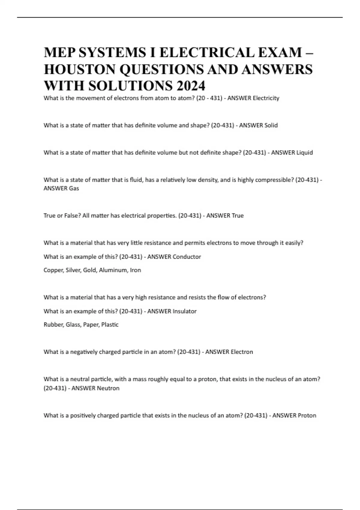 MEP SYSTEMS I ELECTRICAL EXAM – HOUSTON QUESTIONS AND ANSWERS WITH ...