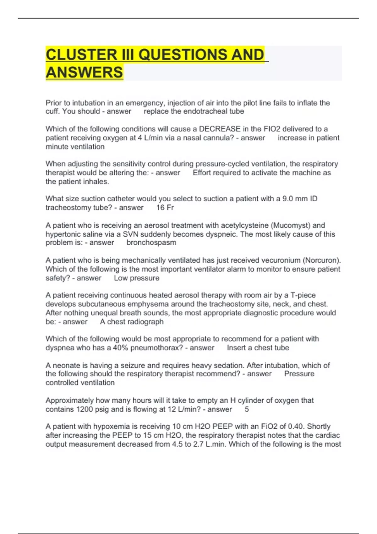 CLUSTER III QUESTIONS AND ANSWERS - Respiratory therapy - Stuvia US