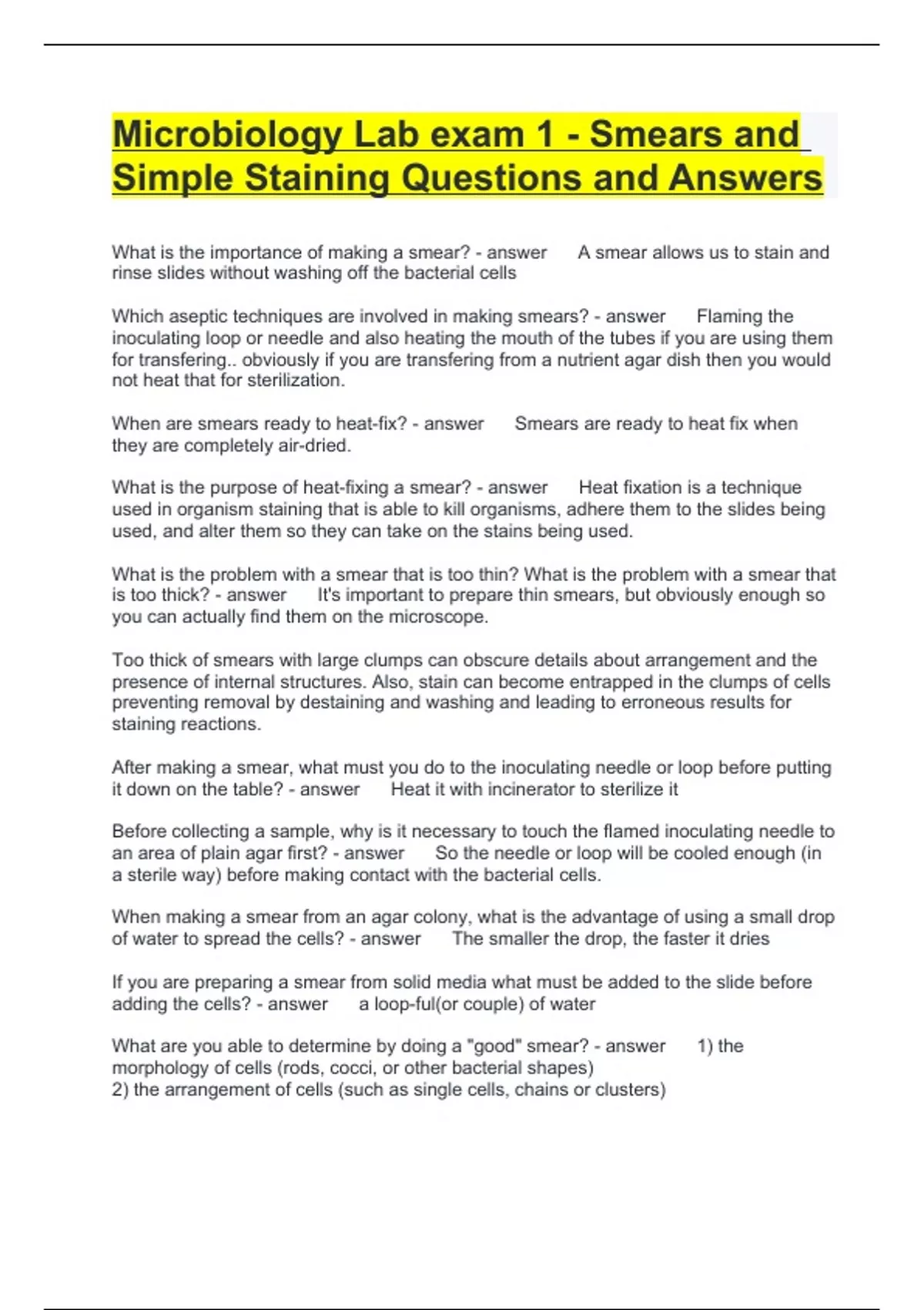 Microbiology Lab exam 1 - Smears and Simple Staining Questions and ...