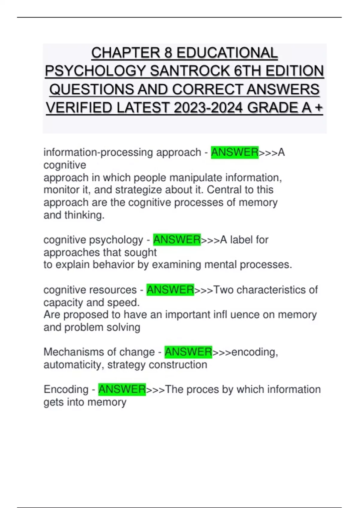 CHAPTER 8 EDUCATIONAL PSYCHOLOGY SANTROCK 6TH EDITION QUESTIONS AND CORRECT ANSWERS VERIFIED ...