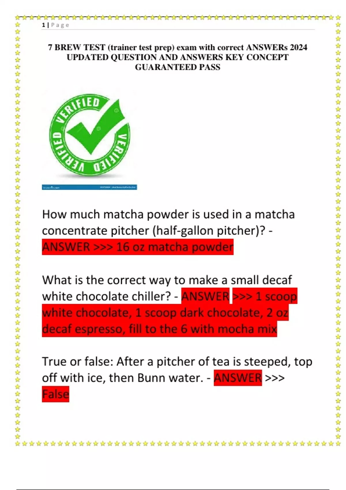 7 BREW TEST (trainer test prep) exam with correct ANSWERs 2024 UPDATED ...