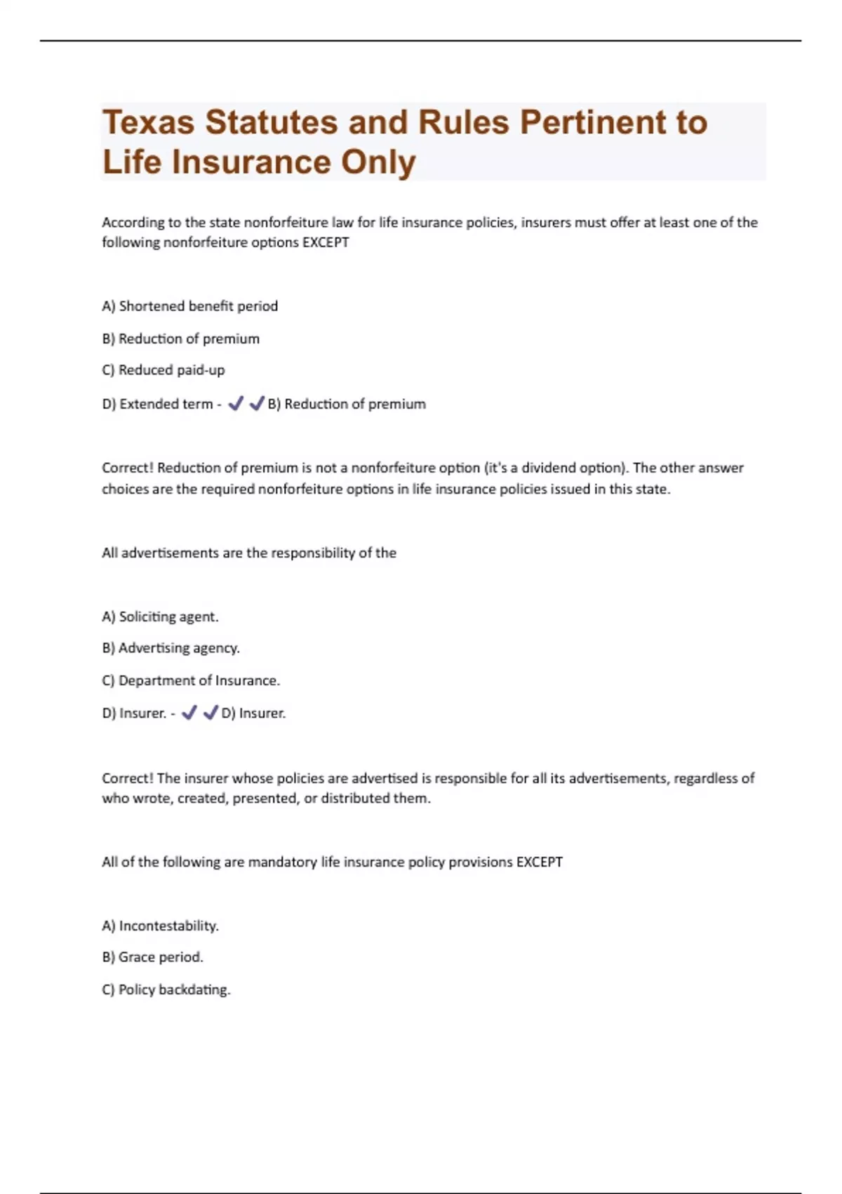 Texas Statutes and Rules Pertinent to Life Insurance Only Questions and ...