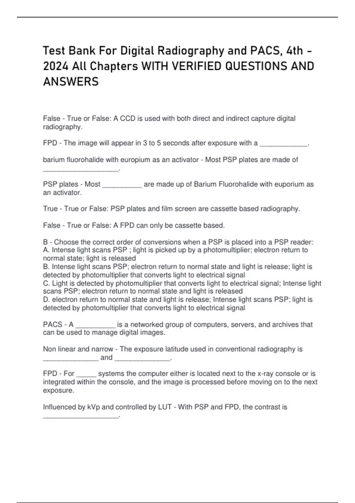 Test Bank for Digital Radiography and PACS - Stuvia US