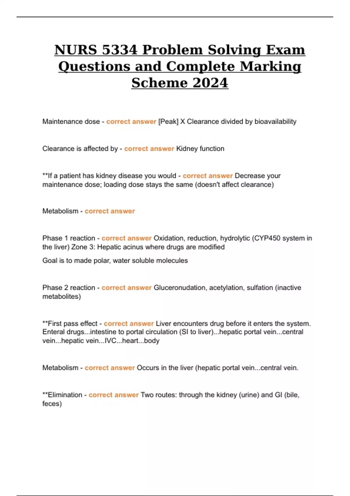 NURS 5334 Problem Solving Exam Questions and Complete Marking Scheme 2024 - NURS 5334 - Stuvia US
