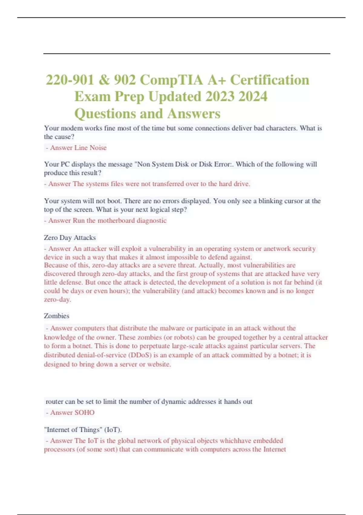 220-901 & 902 CompTIA A+ Certification Exam Prep Updated Questions and Answers - 220-901 & 902 ...