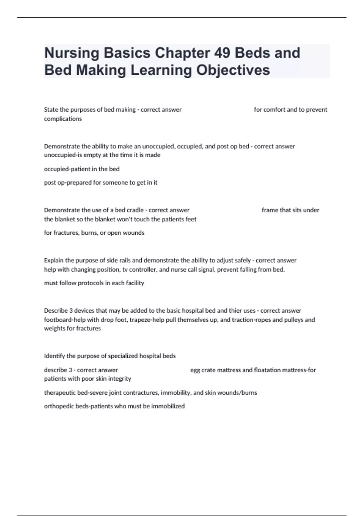 Nursing Basics Chapter 49 Beds and Bed Making Learning Objectives Actual Questions And Detailed ...