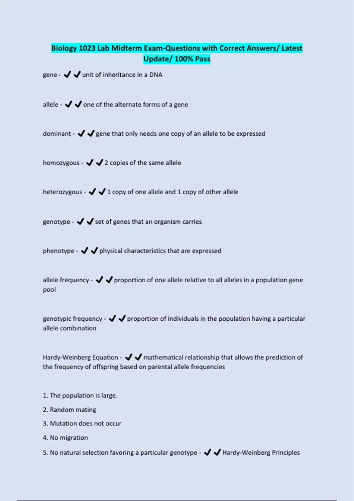 Biology 1023 Lab Midterm Exam-Questions with Correct Answers/ Latest ...