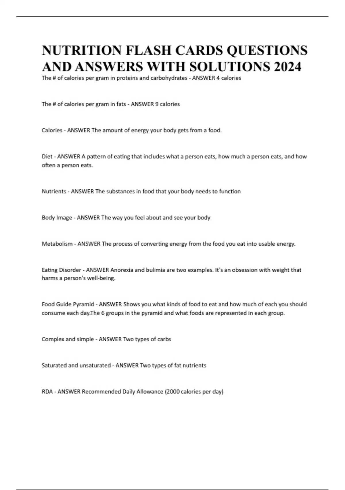 NUTRITION FLASH CARDS QUESTIONS AND ANSWERS WITH SOLUTIONS 2024 ...