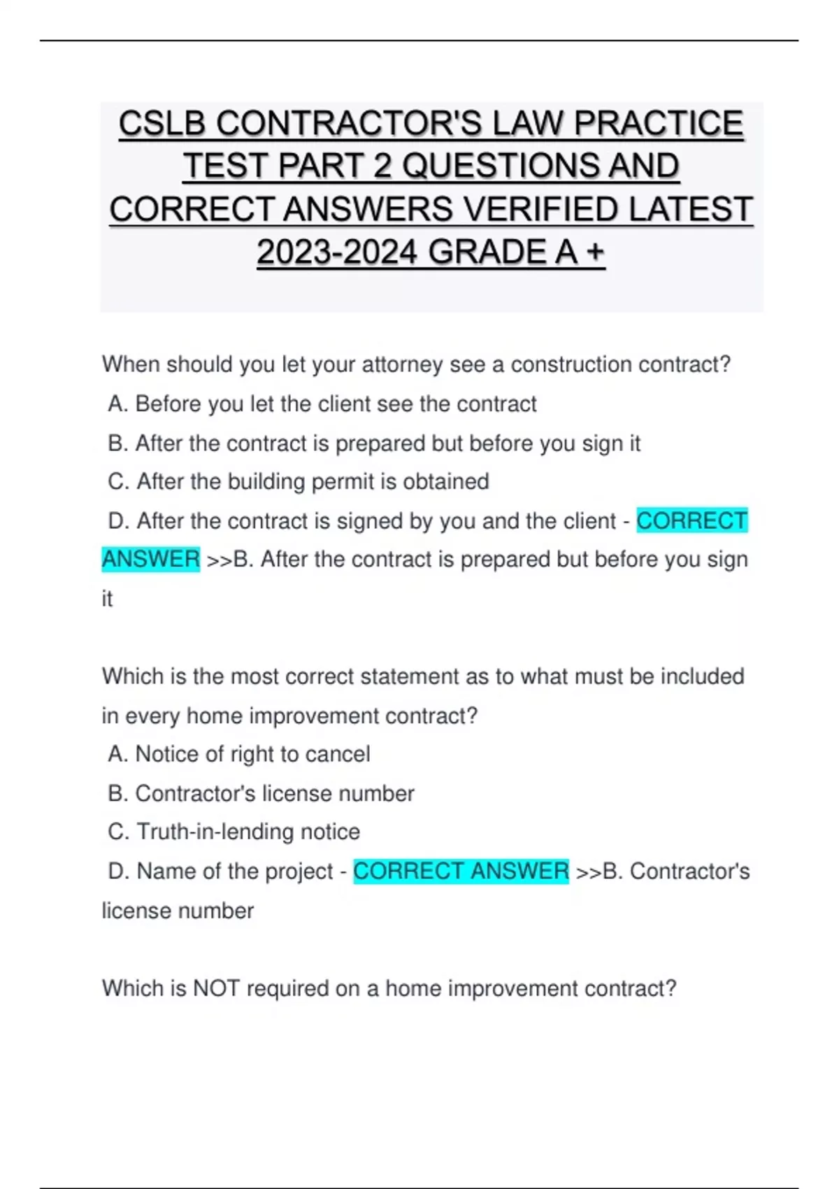 CSLB CONTRACTOR'S LAW PRACTICE TEST PART 2 QUESTIONS AND CORRECT ...