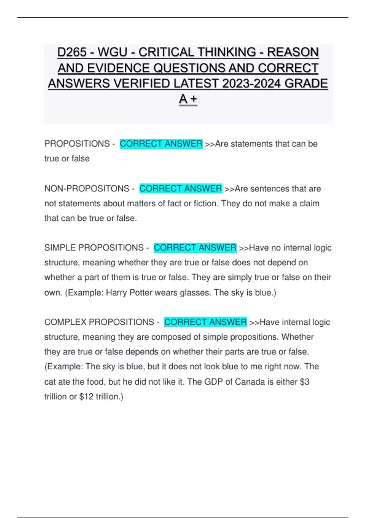 D265 - WGU - CRITICAL THINKING - REASON AND EVIDENCE QUESTIONS AND ...