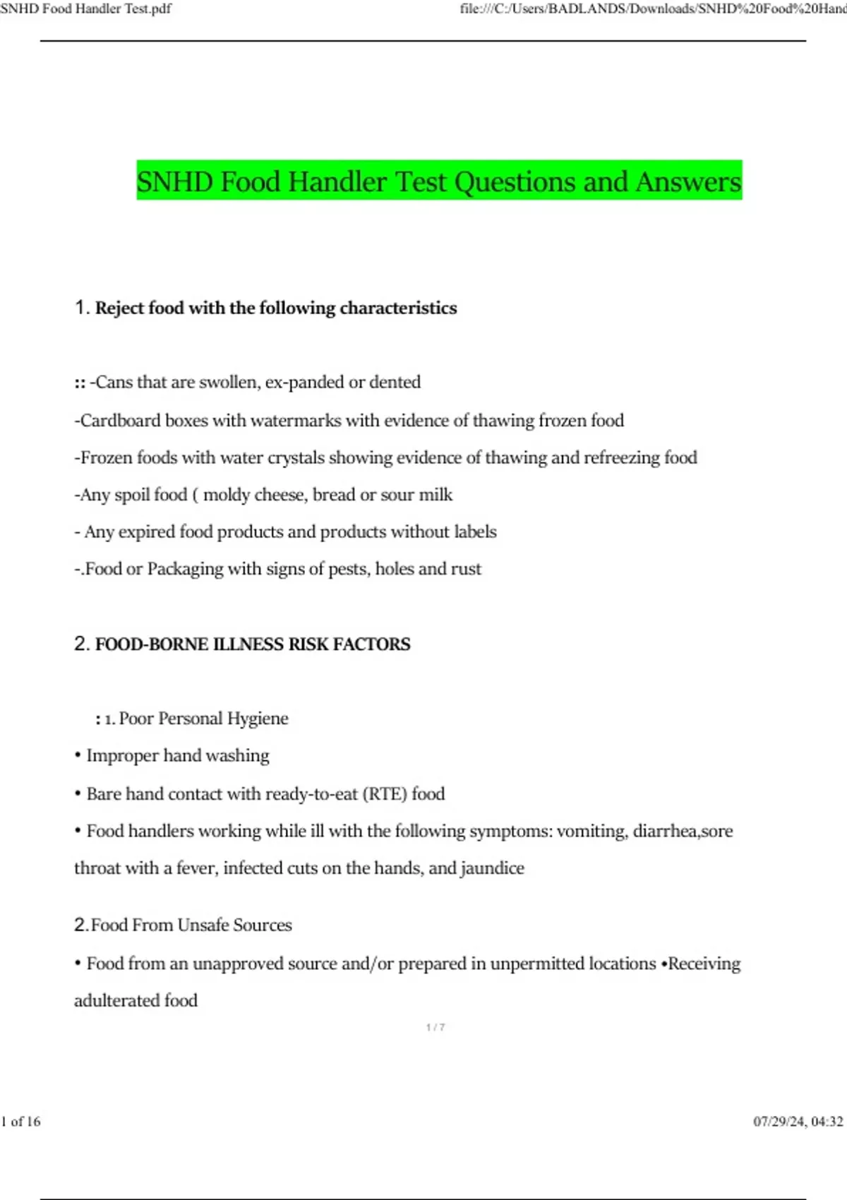 SNHD FOOD HANDLER CARD STUDY SET EXAM LATEST BUNDLE PACK SOLUTION ...