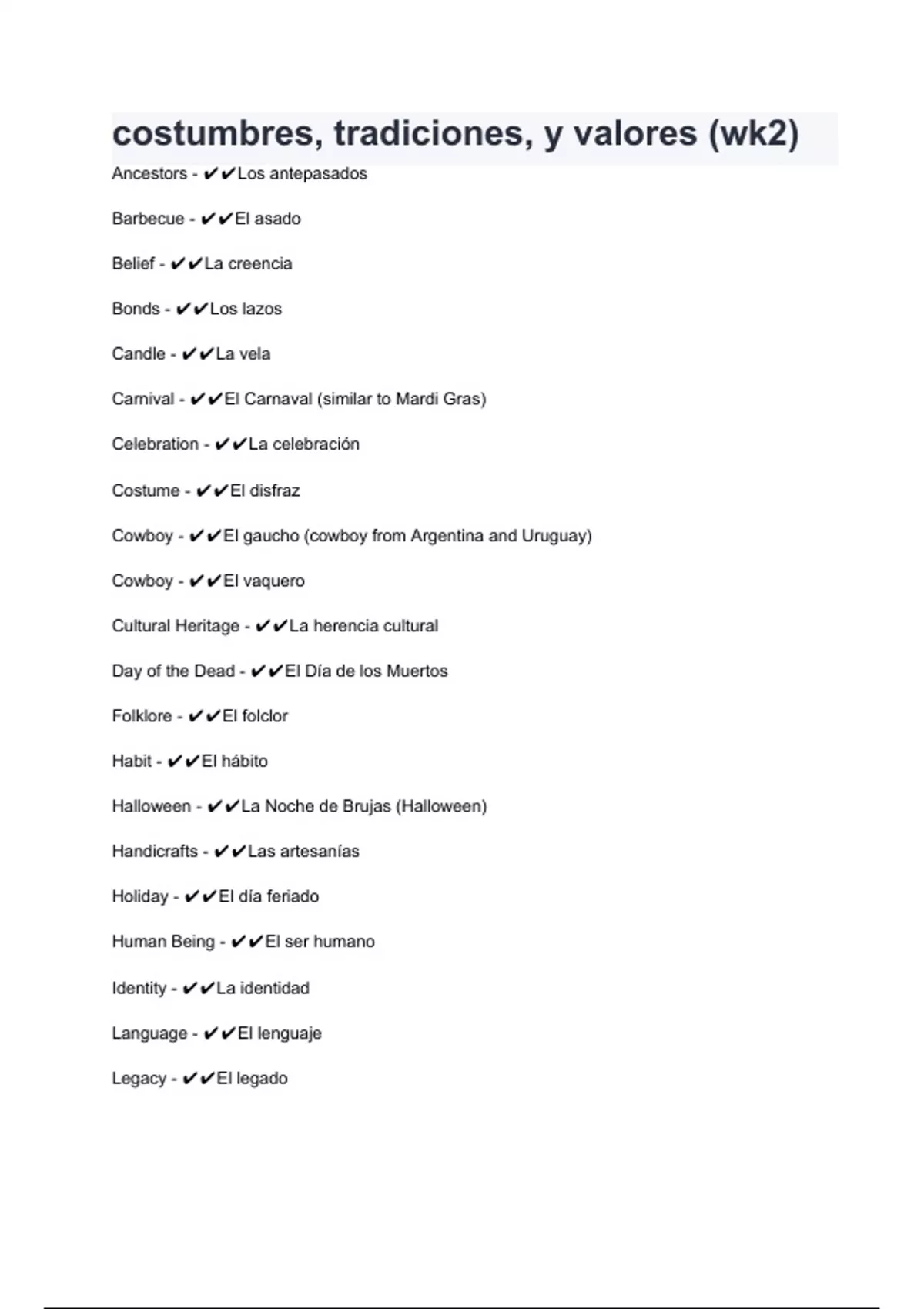costumbres, tradiciones, y valores (wk2) - Spanish. - Stuvia US