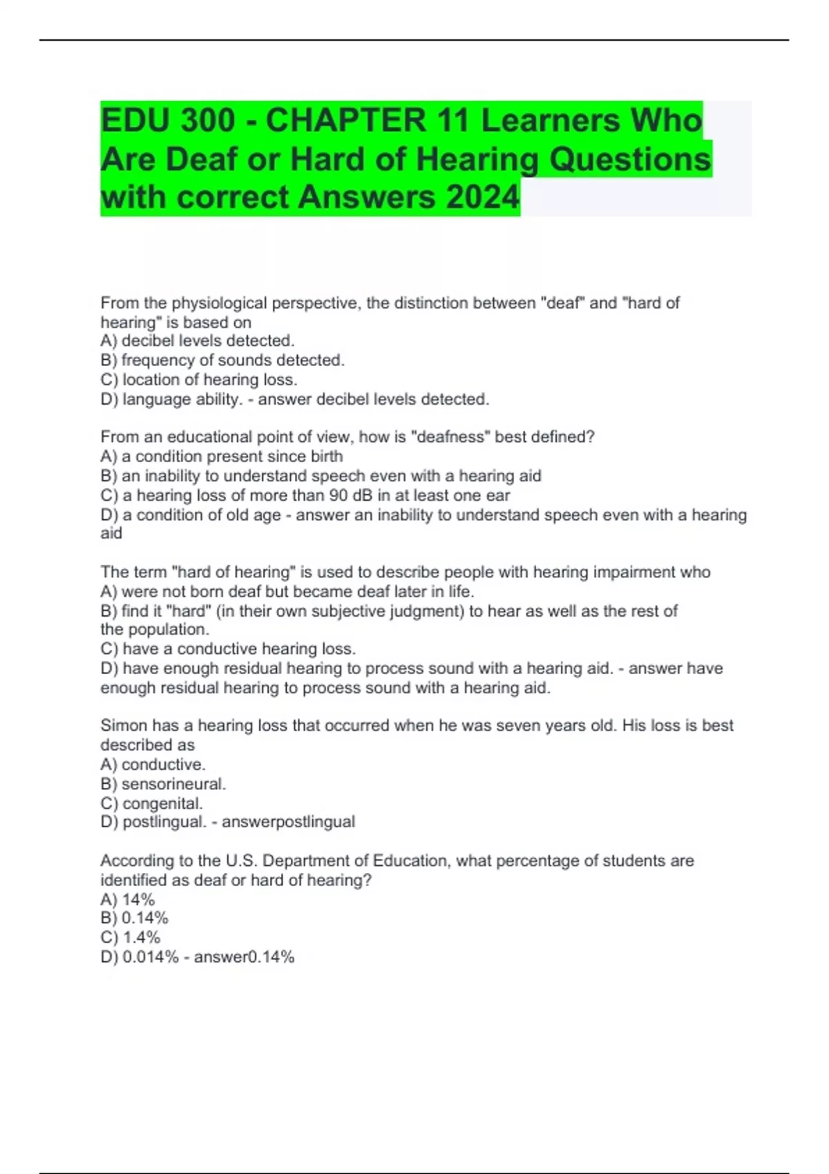 EDU 300 - CHAPTER 11 Learners Who Are Deaf or Hard of Hearing Questions ...