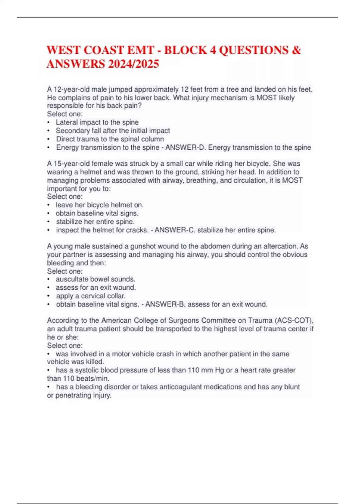 WEST COAST EMT - BLOCK 4 QUESTIONS & ANSWERS 2024/2025 - WEST COAST EMT ...