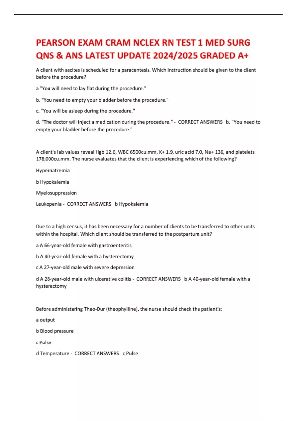 PEARSON EXAM CRAM NCLEX RN TEST 1 MED SURG QNS & ANS LATEST UPDATE 2024 ...
