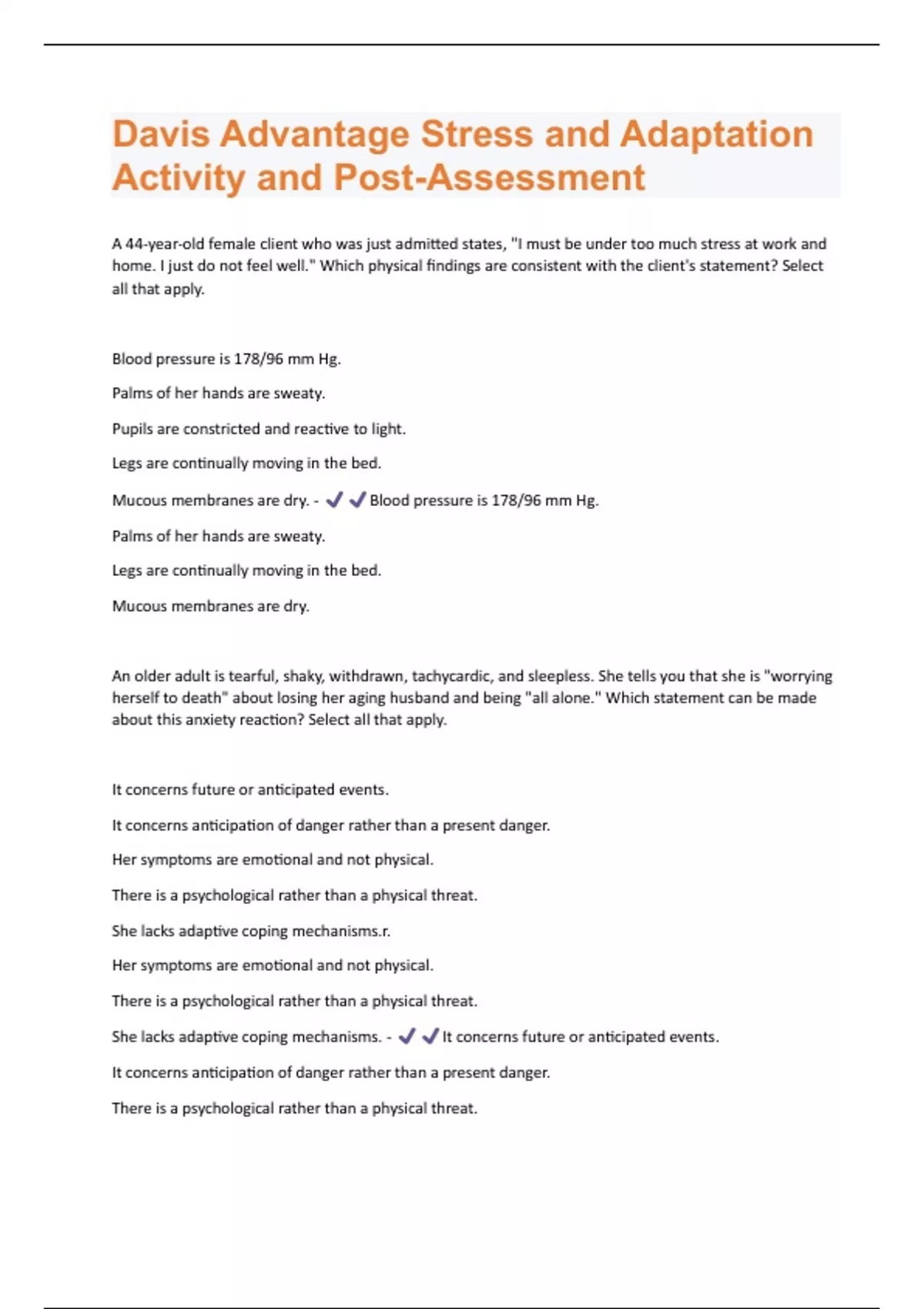 Davis Advantage Stress and Adaptation Activity and Post-Assessment ...