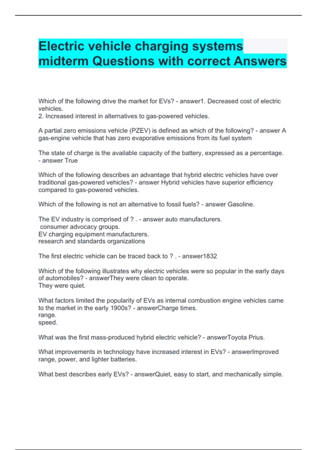 Electric vehicle charging systems midterm Questions with correct Answers - EV Charging - Stuvia US
