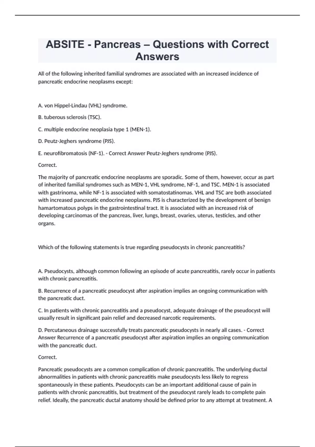 ABSITE - Pancreas – Questions with Correct Answers - ABSITE - Stuvia US