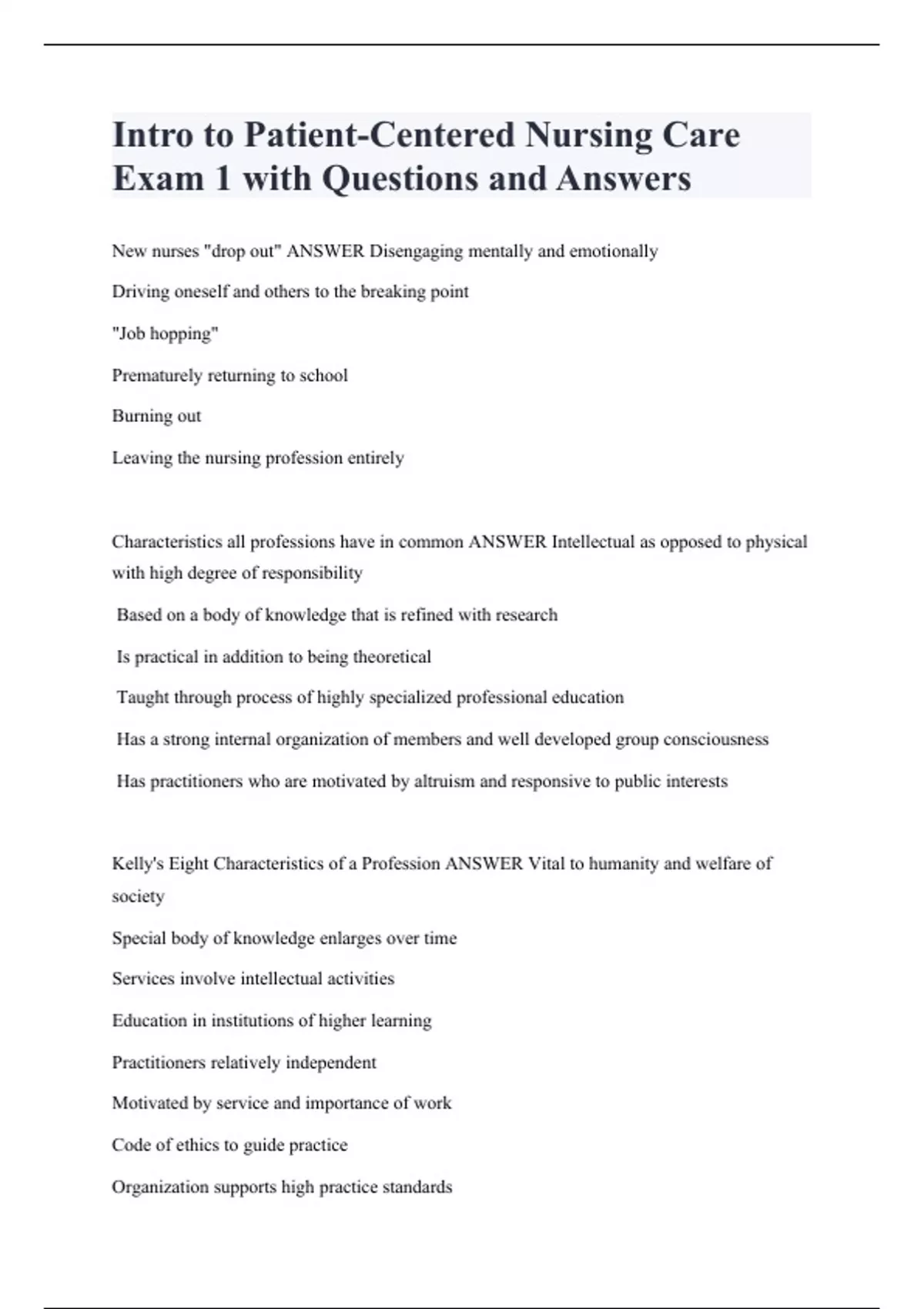 Intro to Patient-Centered Nursing Care Exam 1 with Questions and ...